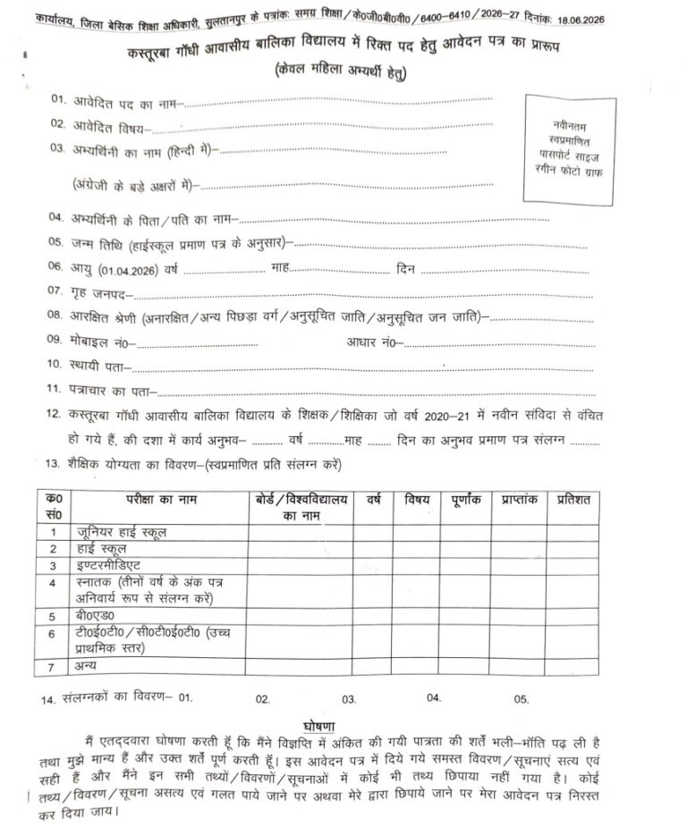 Kasturba Gandhi Girls School Sultanpur Recruitment 2026